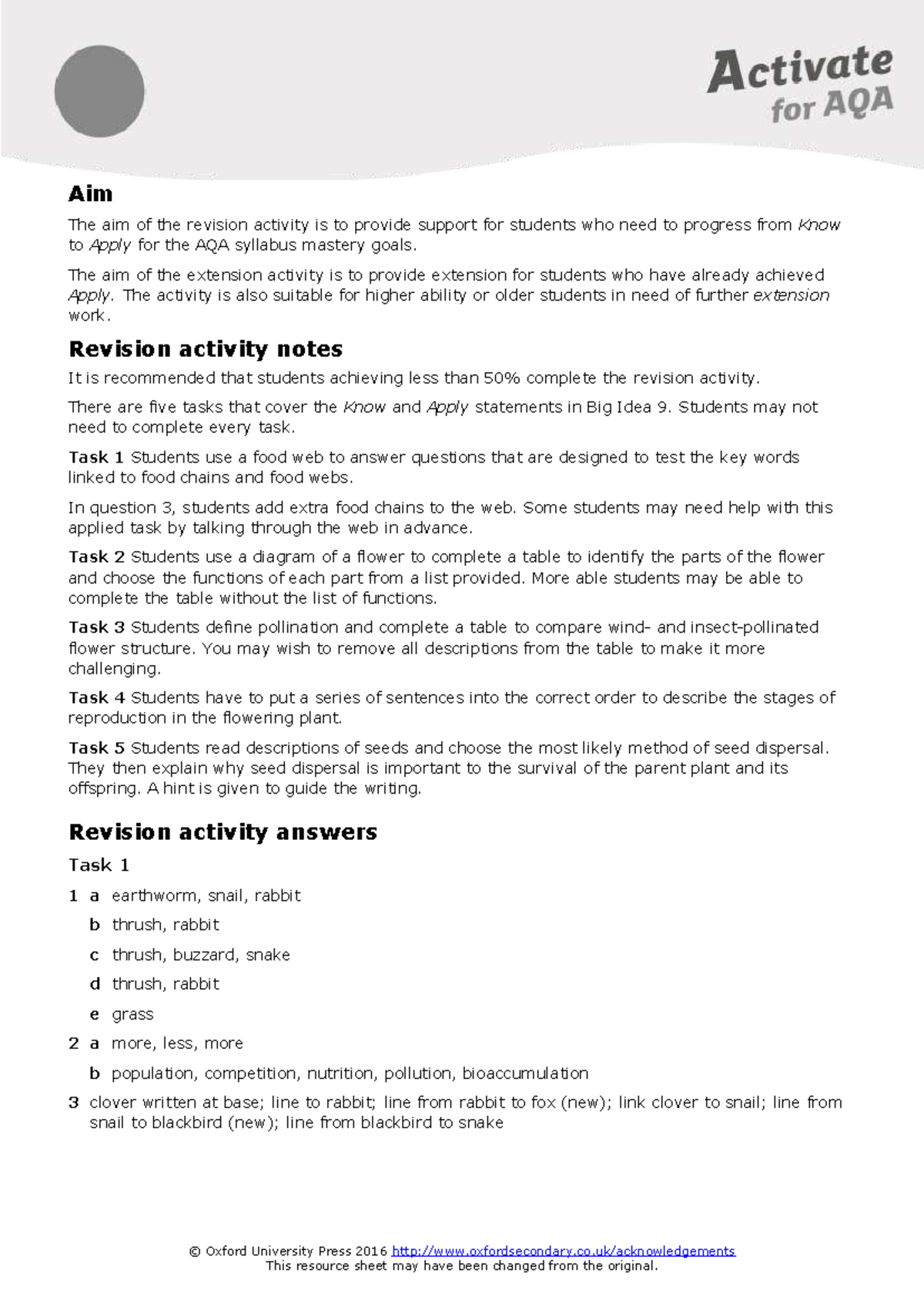 AQA 9 Part 1 Checkpoint Revision Task Answers: Ecosystems - Studocu