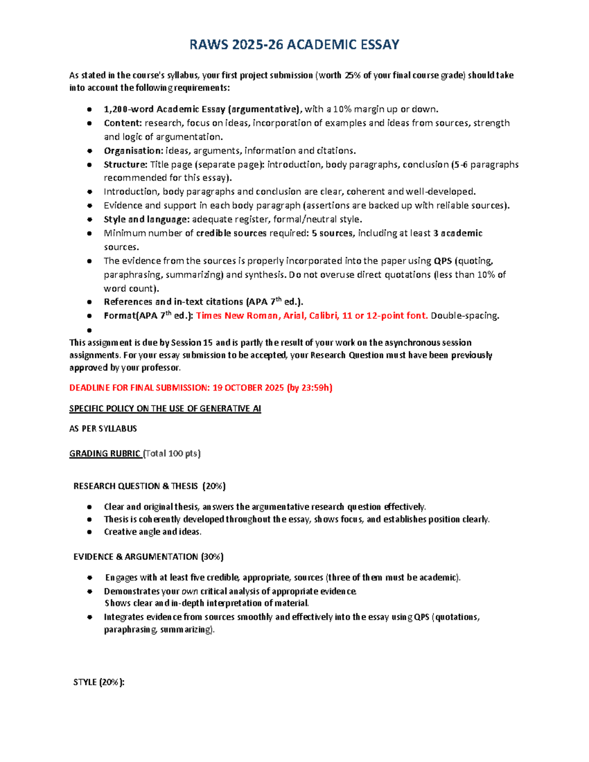 RAWS 2025-26 Argumentative Essay Assignment & Rubric - Studocu