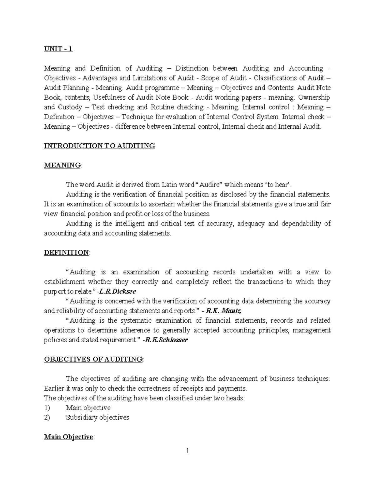 Auditing UNIT - 1 - UNIT - 1 Meaning and Definition of Auditing – Distinction between Auditing ...
