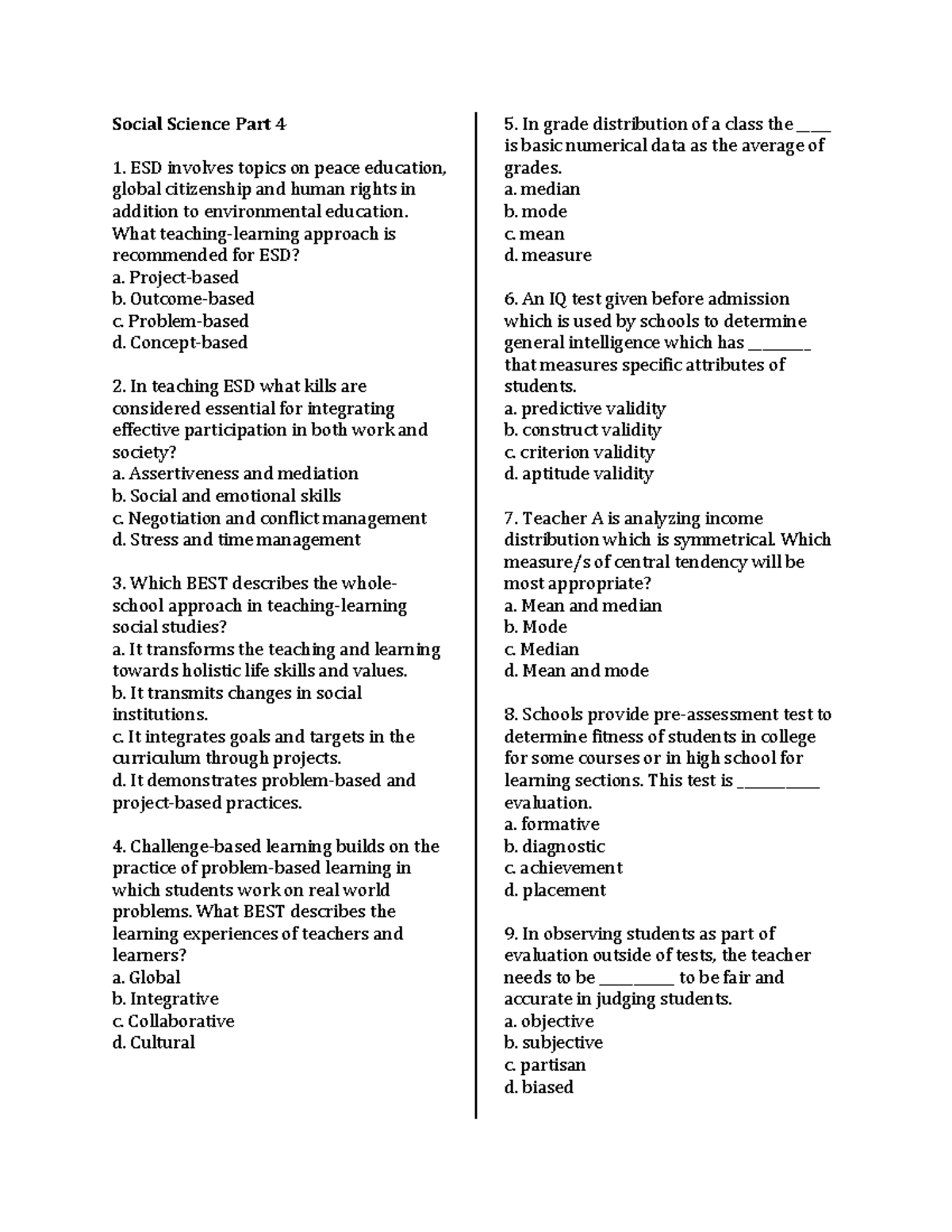 Part 4 Social Science - Practice exam for let - Social Science Part 4 ...