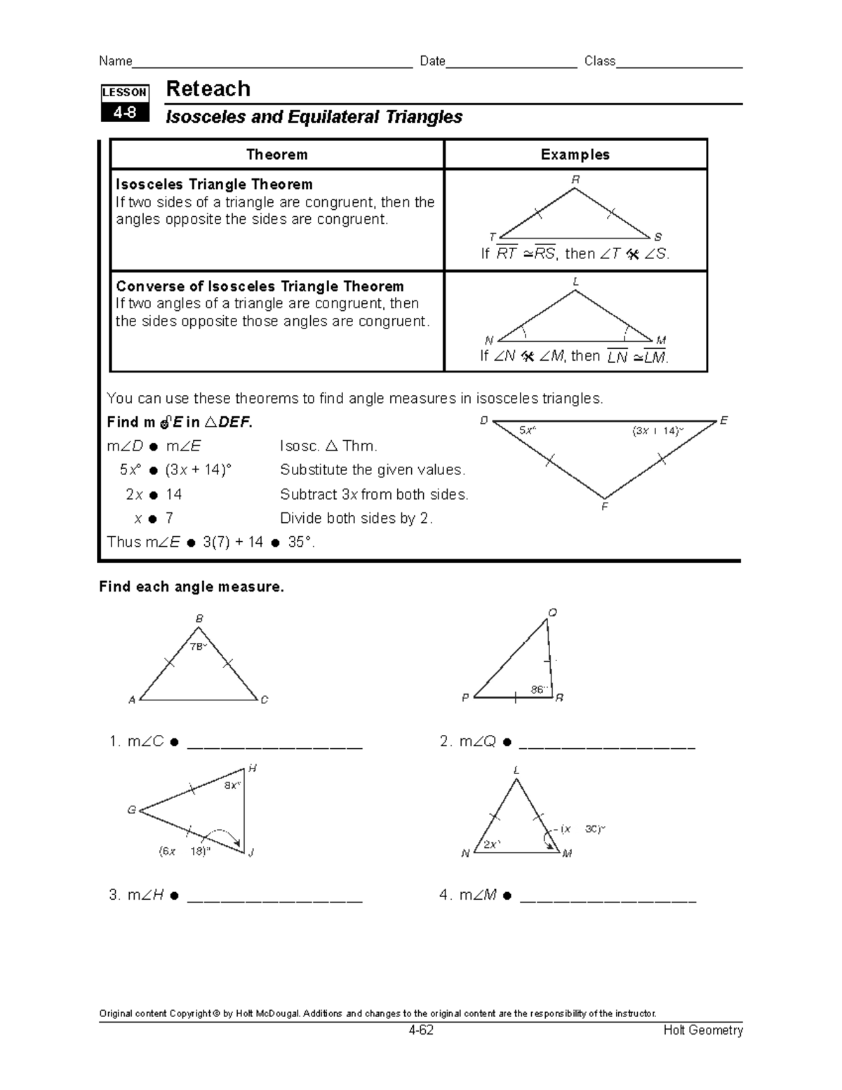 Geometry Reteach 4-8: Isosceles & Equilateral Triangles Practice - Studocu