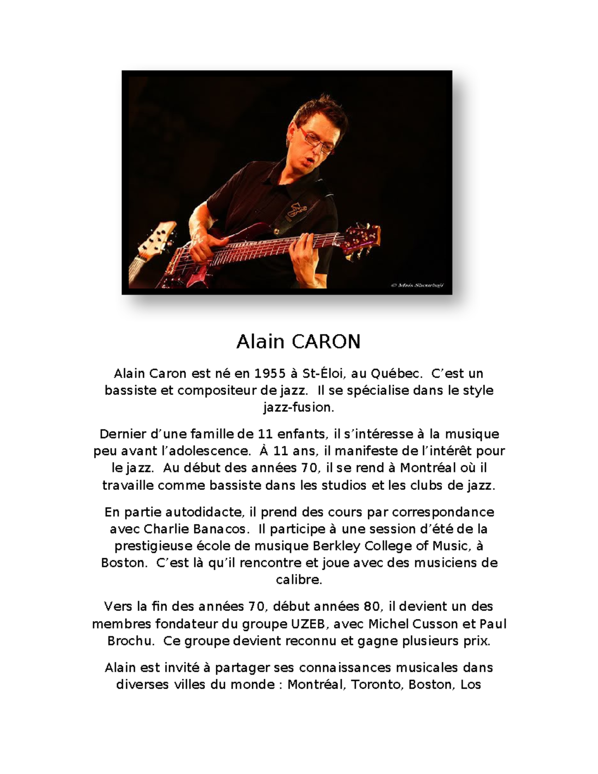 Biographie d'Alain Caron : Bassiste de Jazz Québécois - Studocu