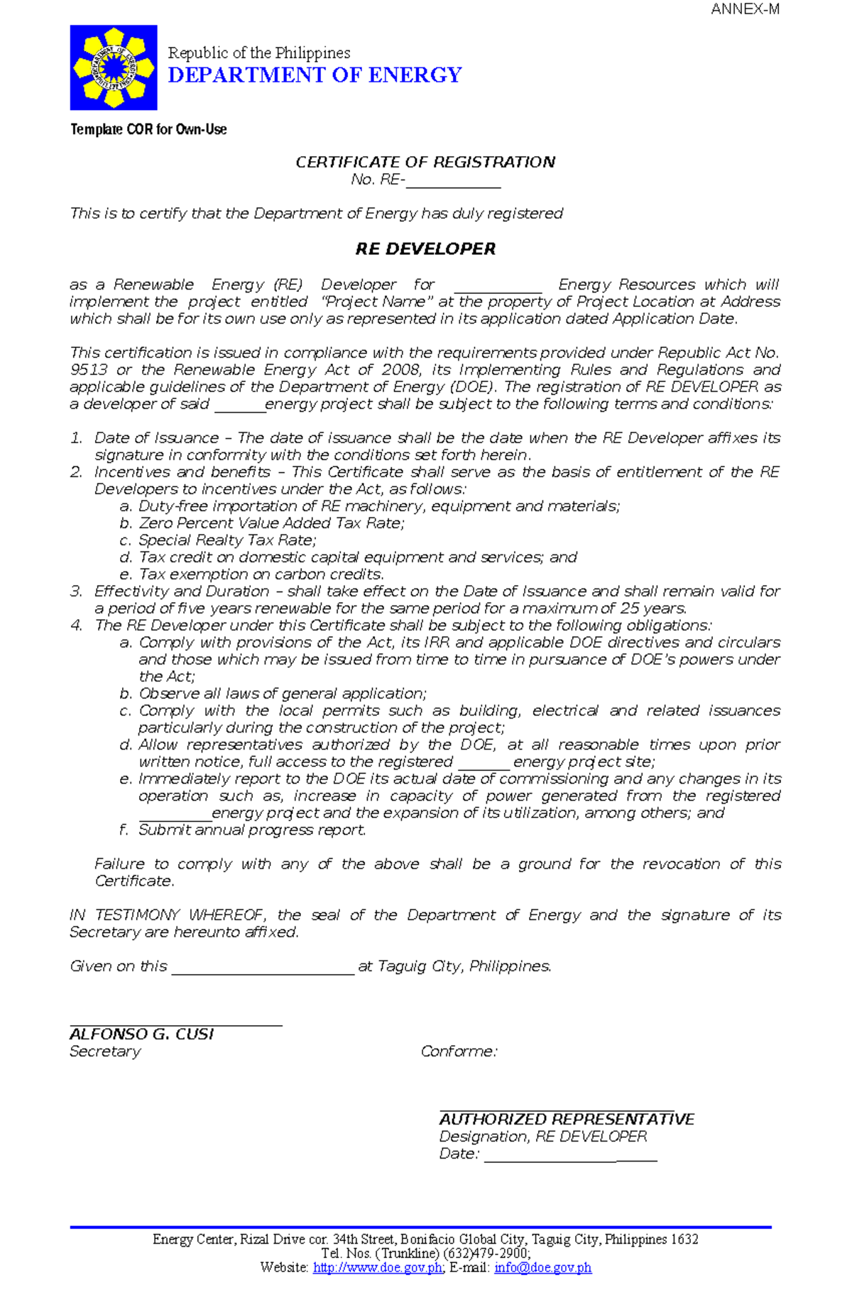 Certificate of Registration Template for Renewable Energy Developers ...