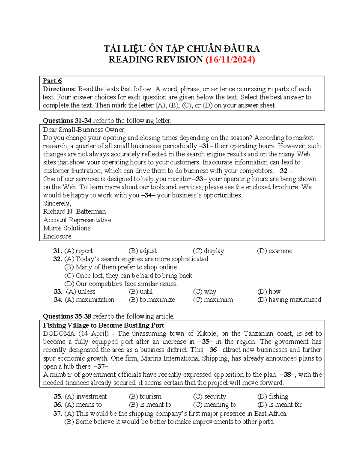 TÀI LIỆU ÔN TẬP READING REVISION Part 6 - Questions 31-67 - Studocu