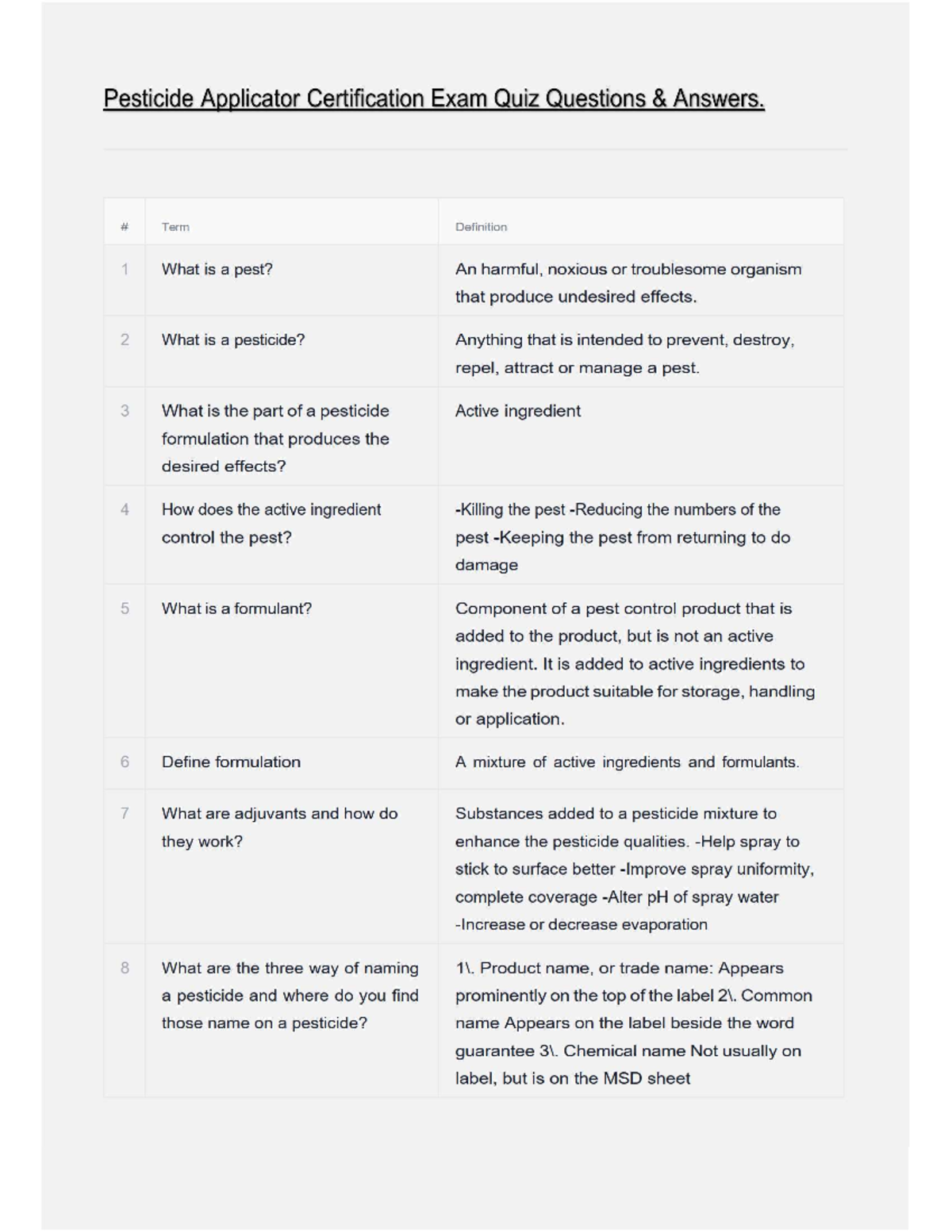 Pesticide Applicator Cert. Exam Quiz Q&A Guide - Studocu