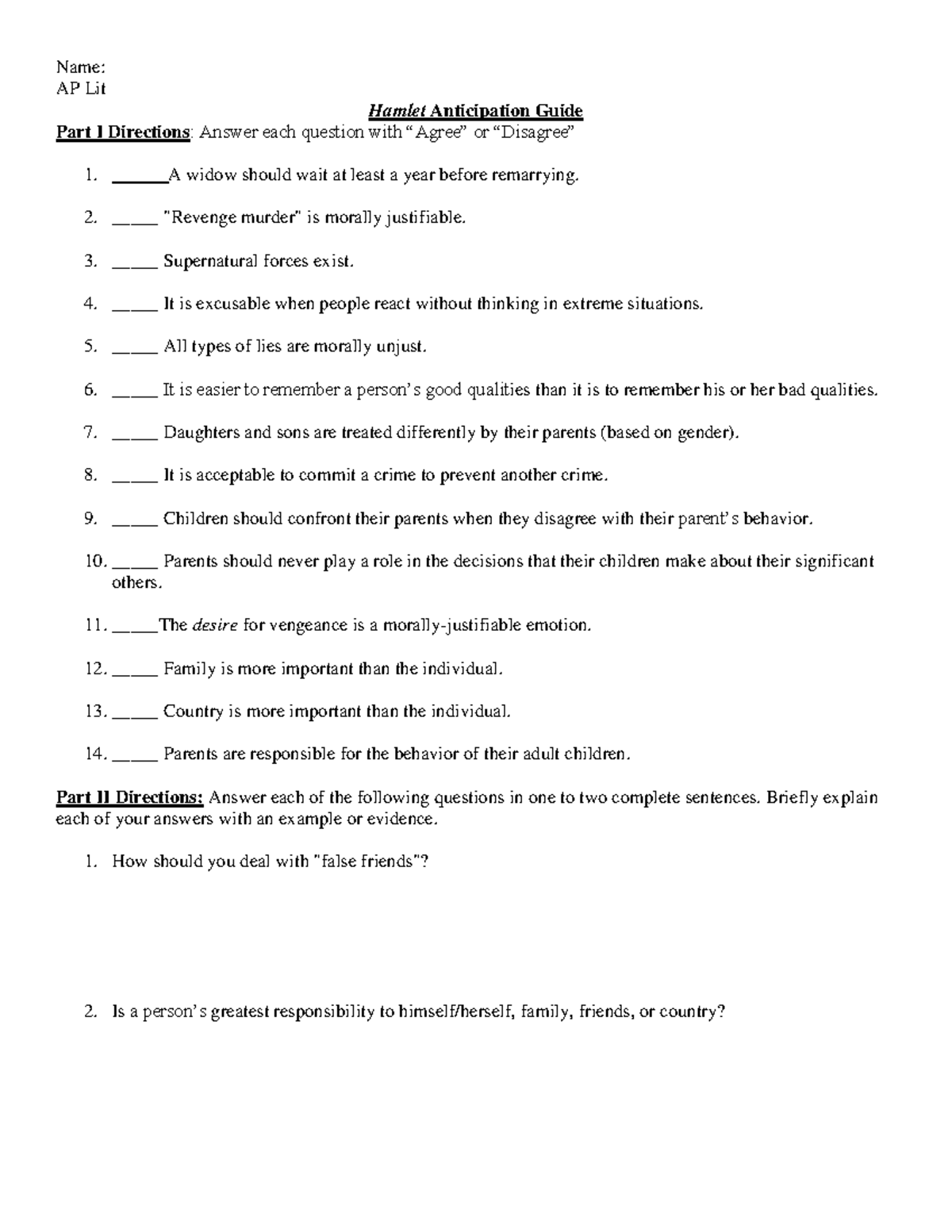 AP Lit: Hamlet Anticipation Guide Questions and Reflections - Studocu