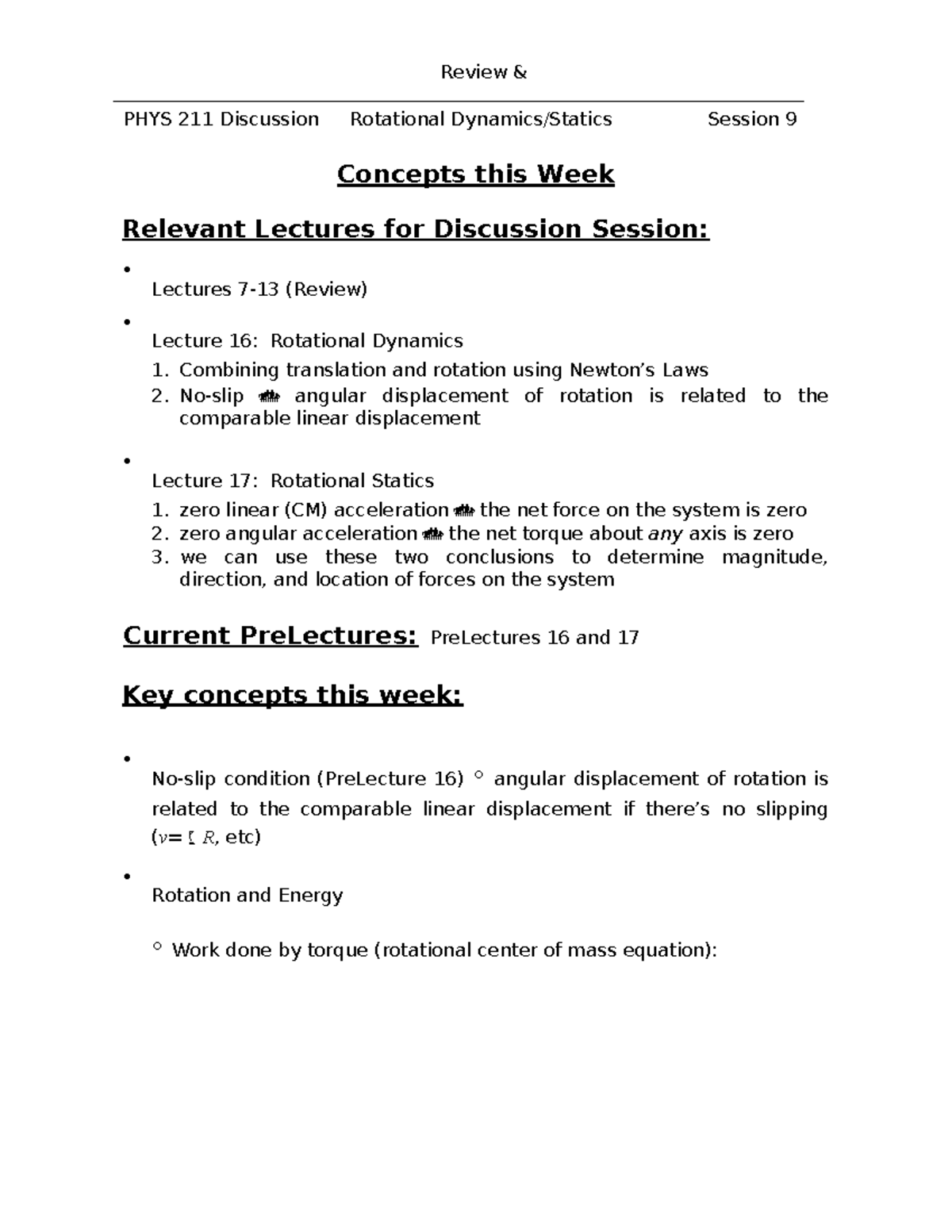 Review PHYS 211 Discussion Session 9: Rotational Dynamics & Statics ...