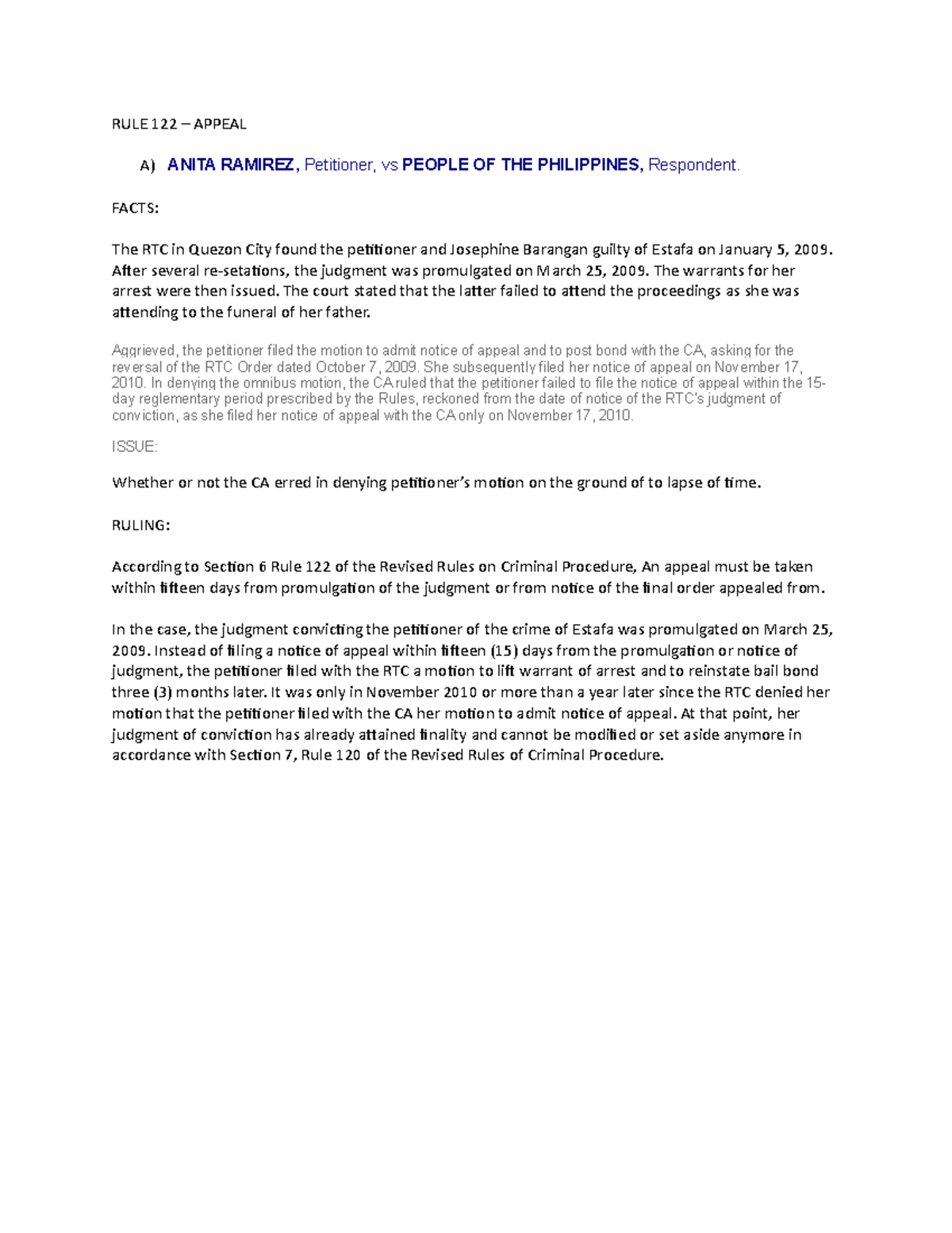 Ramirez vs people of the pp - RULE 122 – APPEAL A) ANITA RAMIREZ ...