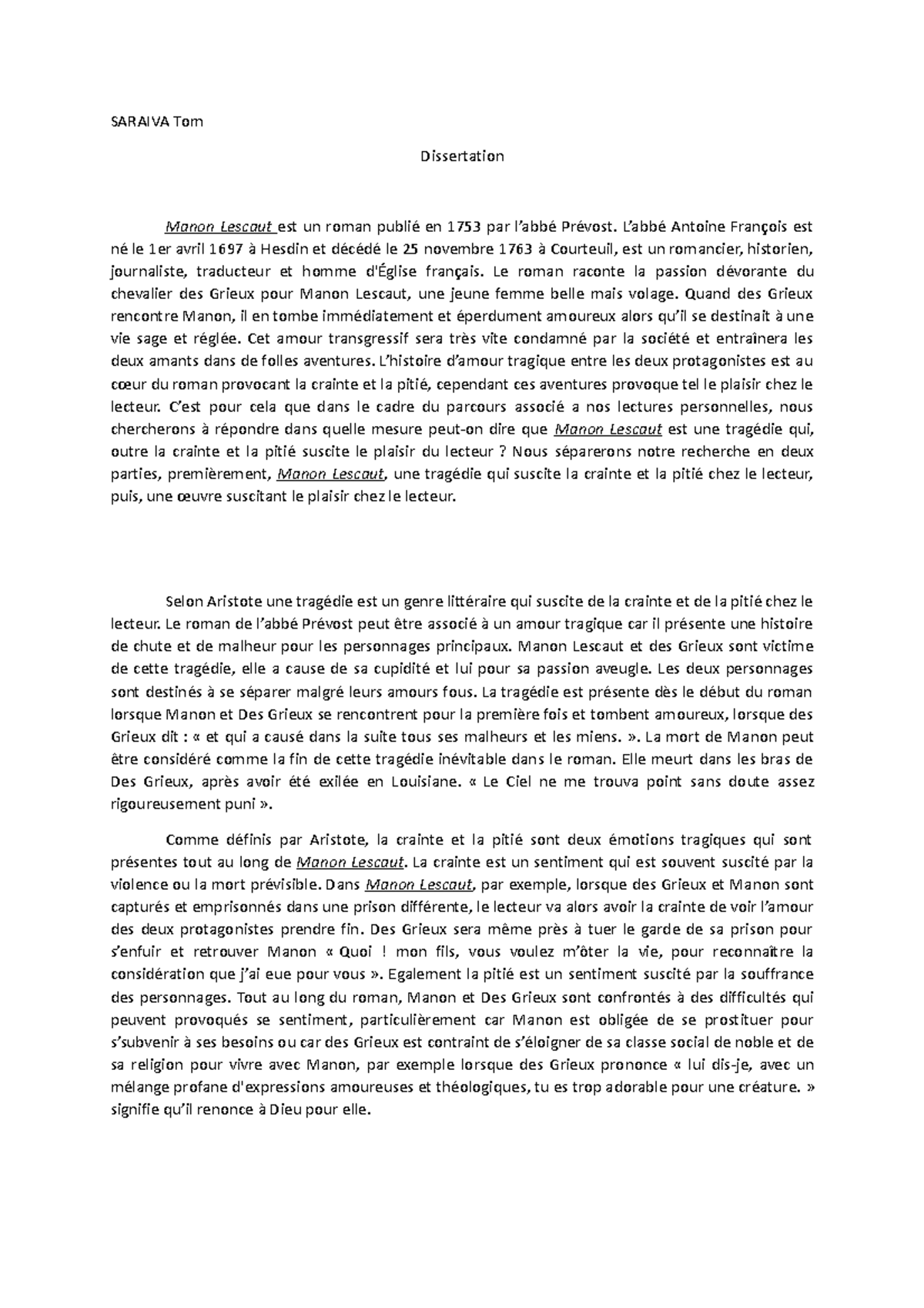 Dissertation: L'Analyse Tragique et Plaisante de Manon Lescaut - Studocu