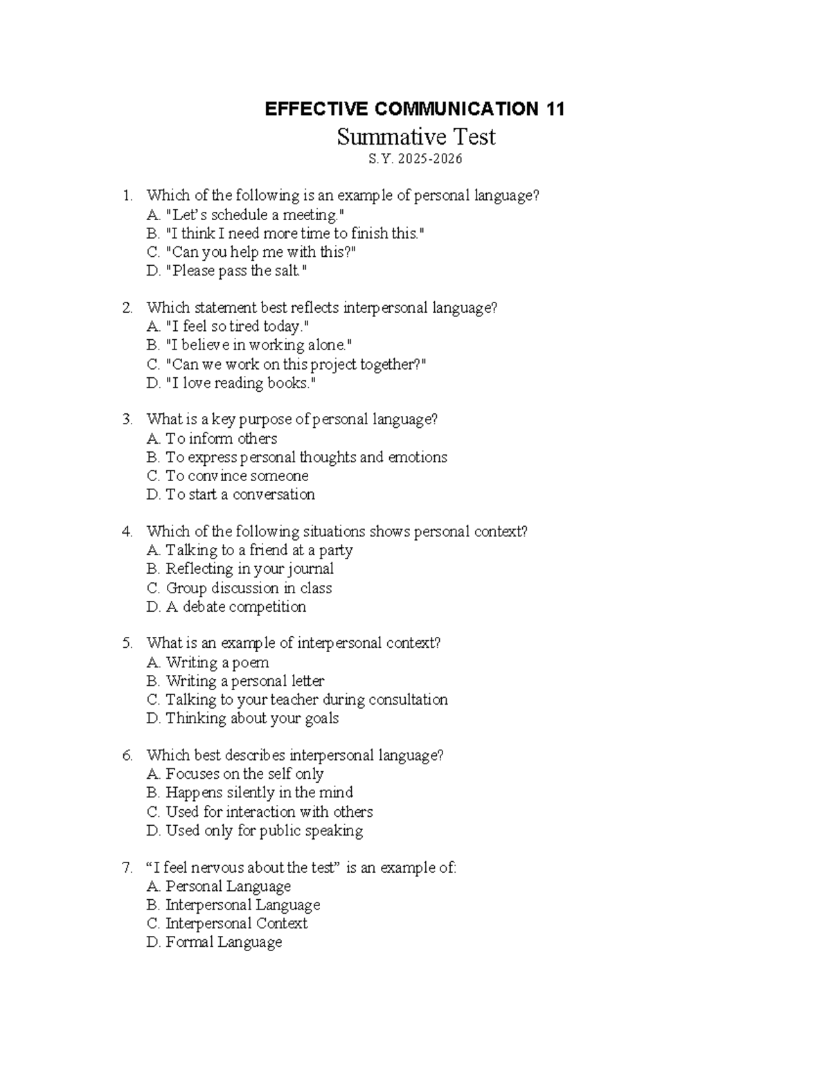 Effective Communication 11: 1st Summative Test Guide - Studocu