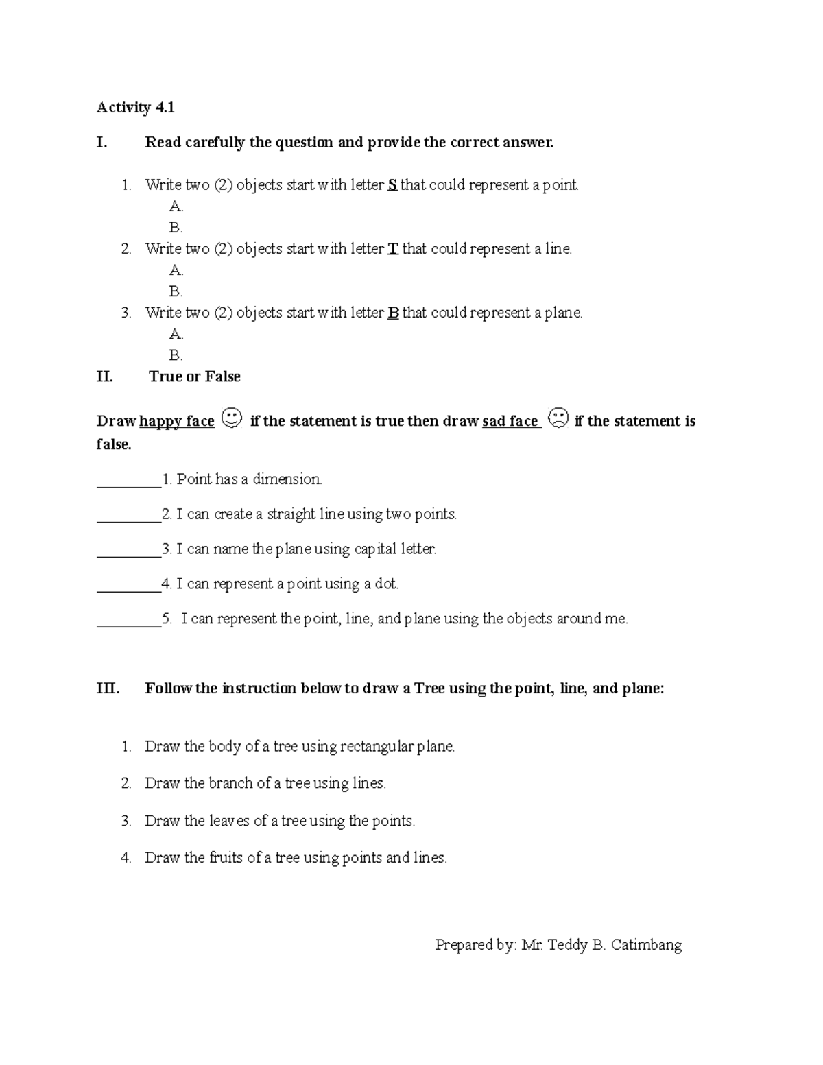 Activity on Points, Lines, and Planes - Edu 101 Worksheet - Studocu
