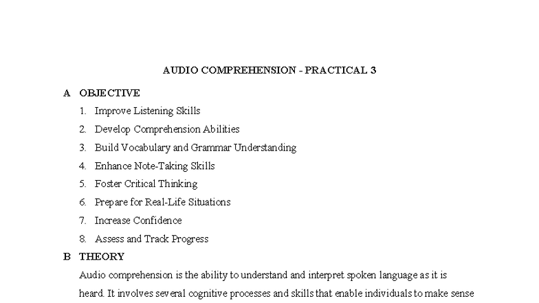 AUDIO COMPREHENSION PRACTICAL 3: Enhancing Listening Skills and ...