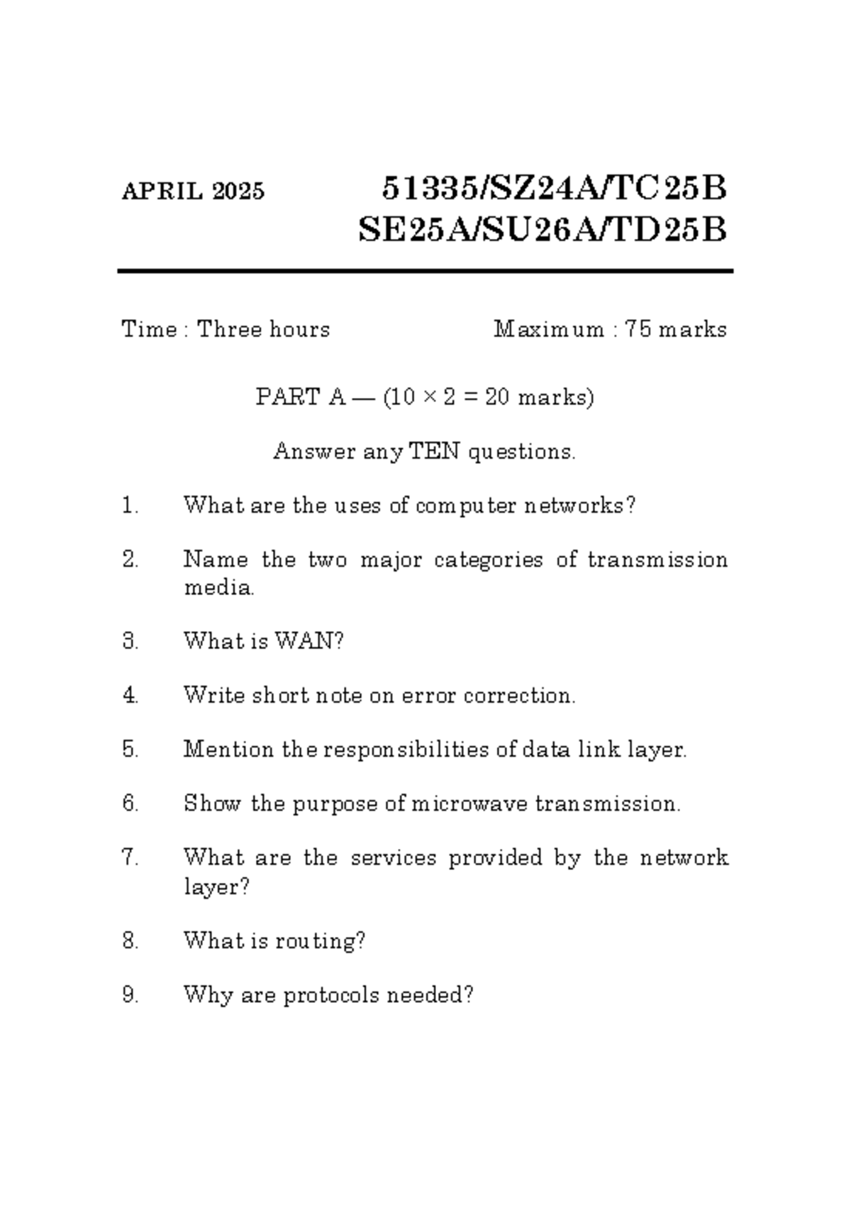APR-2025 Se25a - Computer Networks Exam Questions and Answers - Studocu
