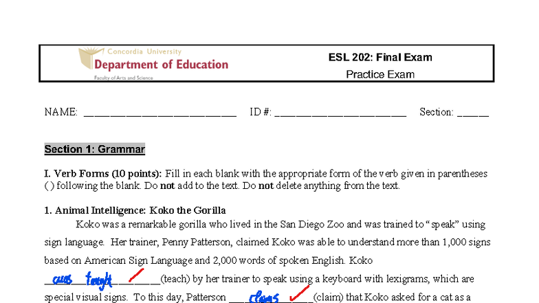 ESL 202: Final Exam Practice Exam - Grammar, Vocabulary, and Reading ...