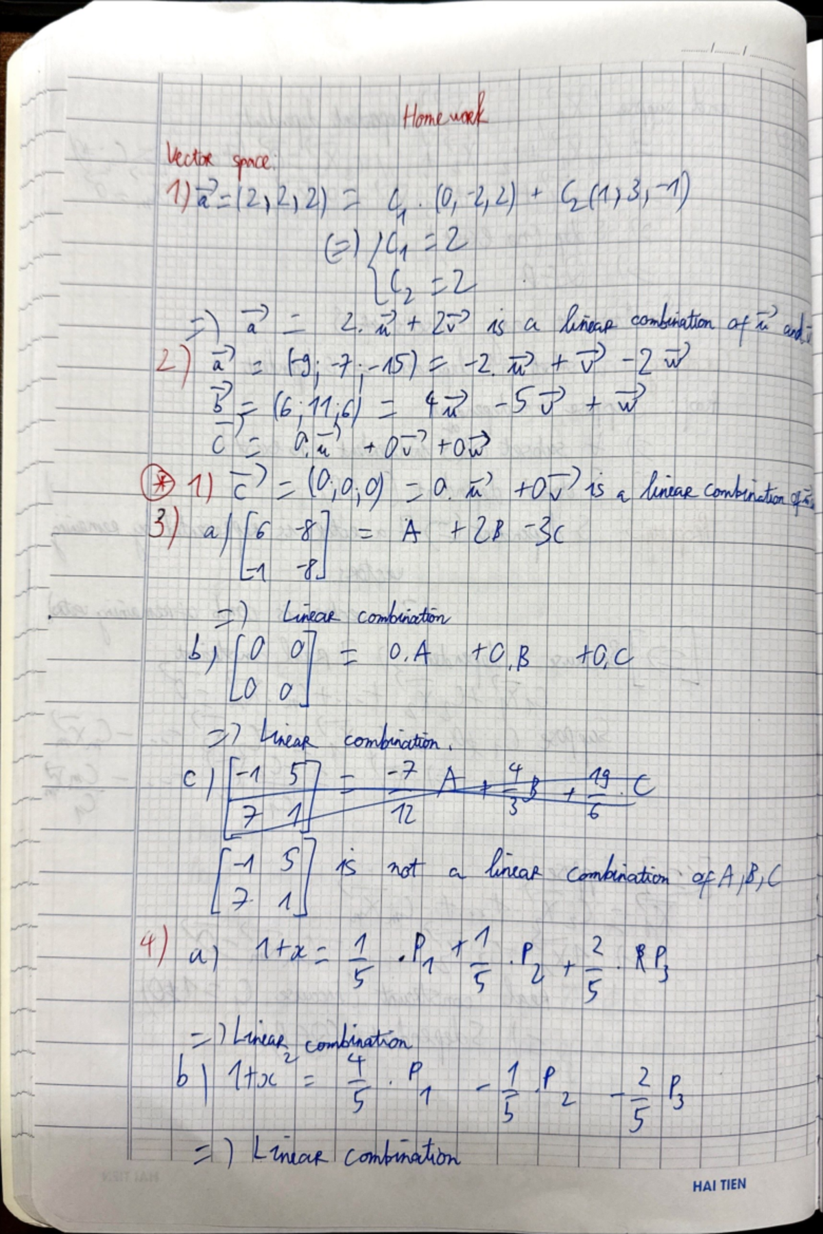 Vector Space Homework - Linear Combinations and Examples - Studocu