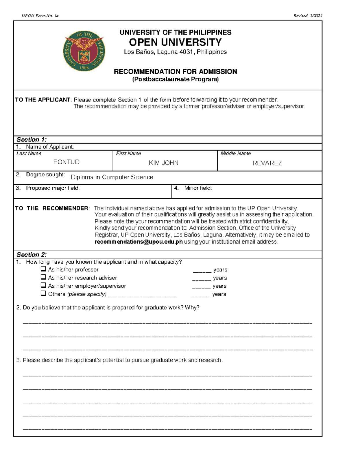 UPOU Form 1a: Recommendation for Admission to Postbacc Program - Studocu