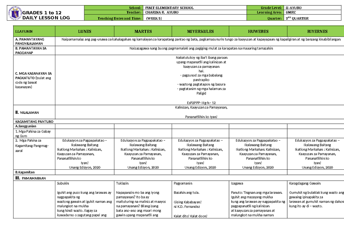 ESP 2 DLL Q3 W5 - ESP2 - GRADES 1 to 12 DAILY LESSON LOG School: PINIT ...