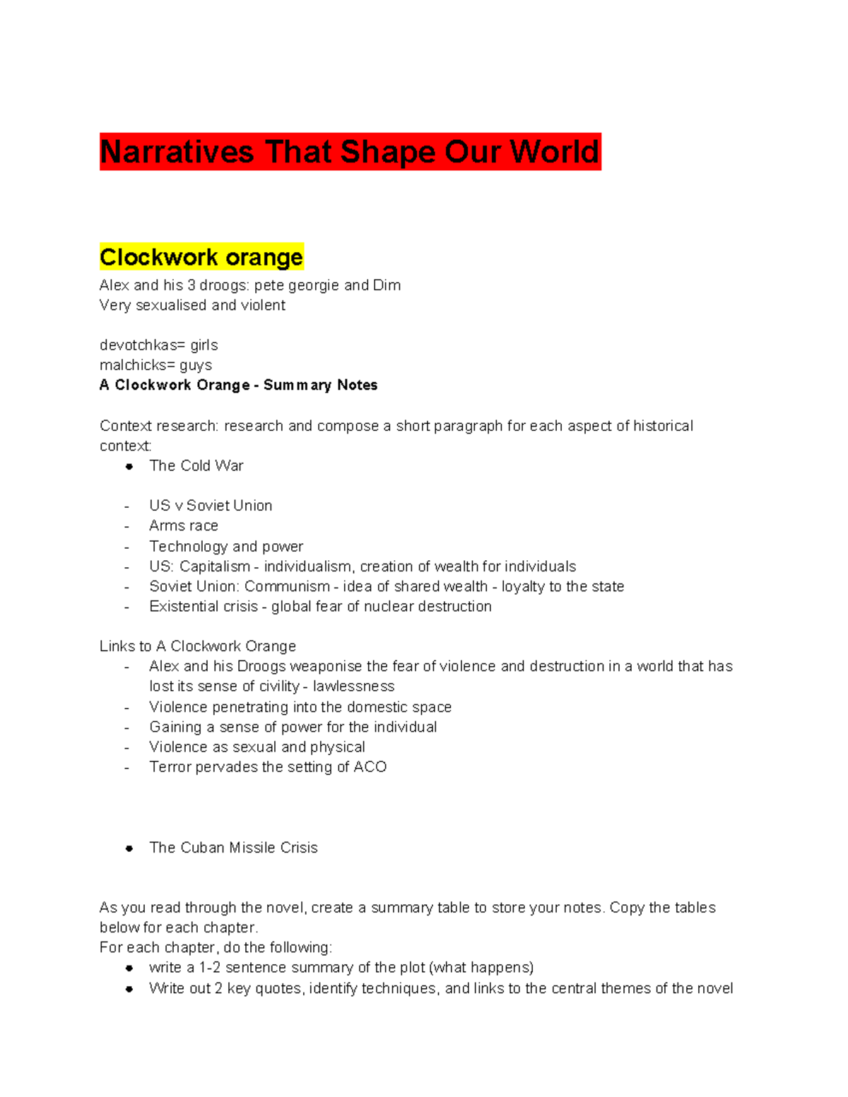 YR 12 LOCK IN - A Clockwork Orange Summary & Context Notes - Studocu