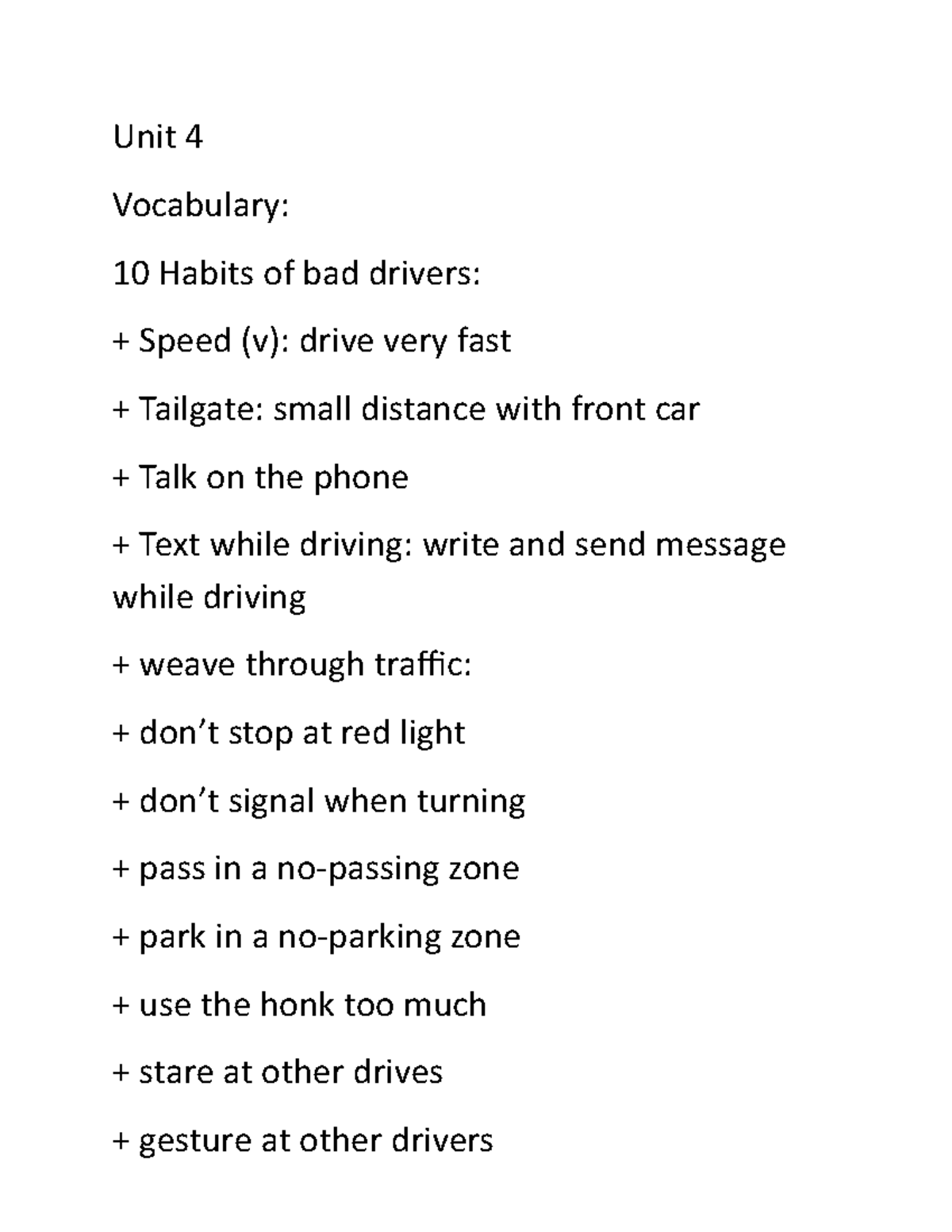 Unit 4 Vocabulary and Concepts: Driving Habits & Car Types (TRS3) - Studocu