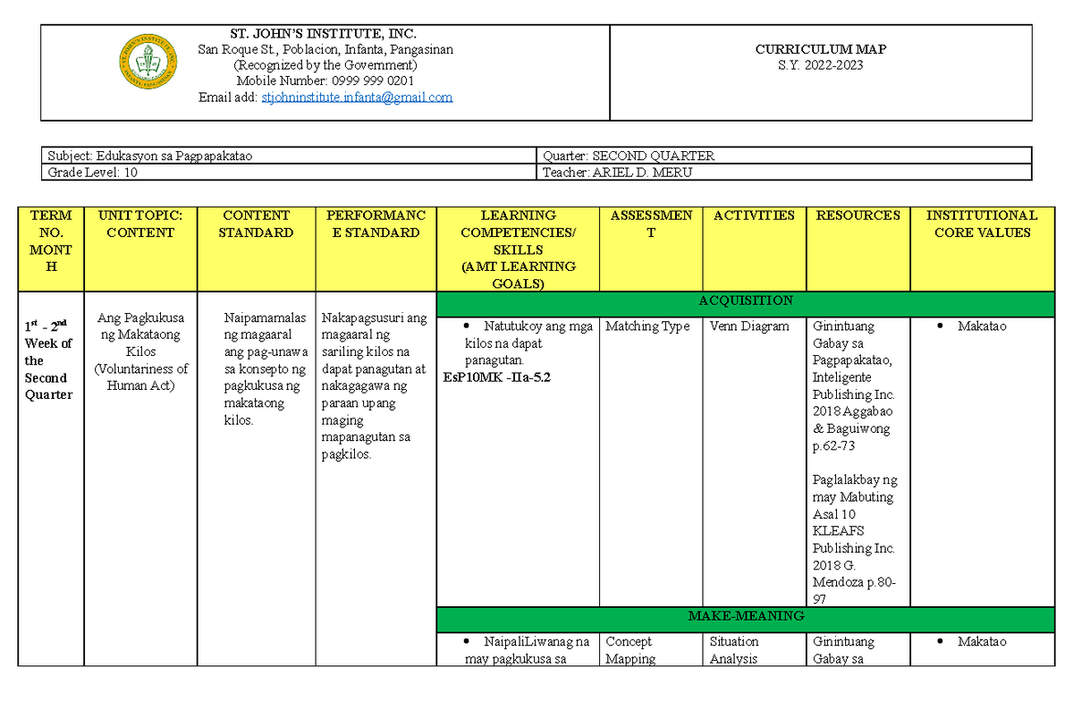 ESP10 Curriculum Map: Second Quarter Overview & Learning Goals - Studocu