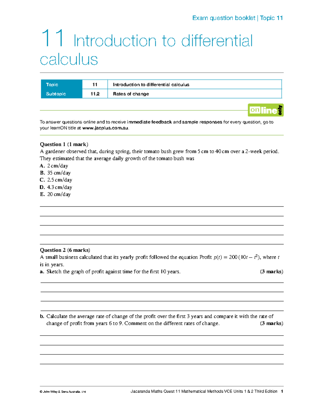 Differential Calculus Exam Questions - Topic 11 (VCE Units 1 & 2) - Studocu