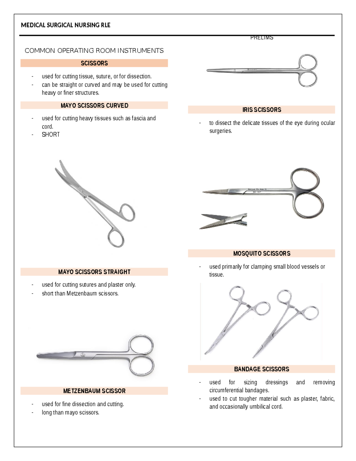 MEDICAL SURGICAL NURSING RLE: COMMON OPERATING ROOM INSTRUMENTS NOTES ...