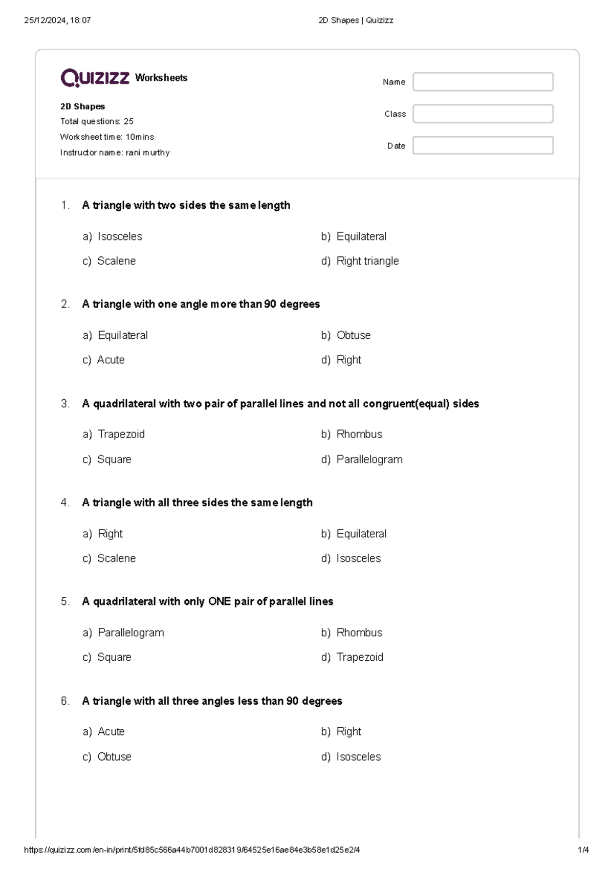 Quizizz - 2D Shapes Quiz: Understanding Concepts with Practice - Studocu