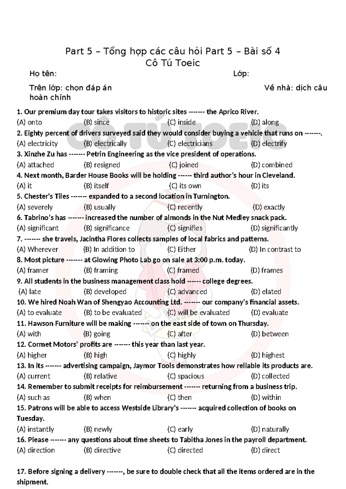 Part 5 Tổng hợp Câu Hỏi Bài Số 4 - Cô Tú Toeic - Studocu