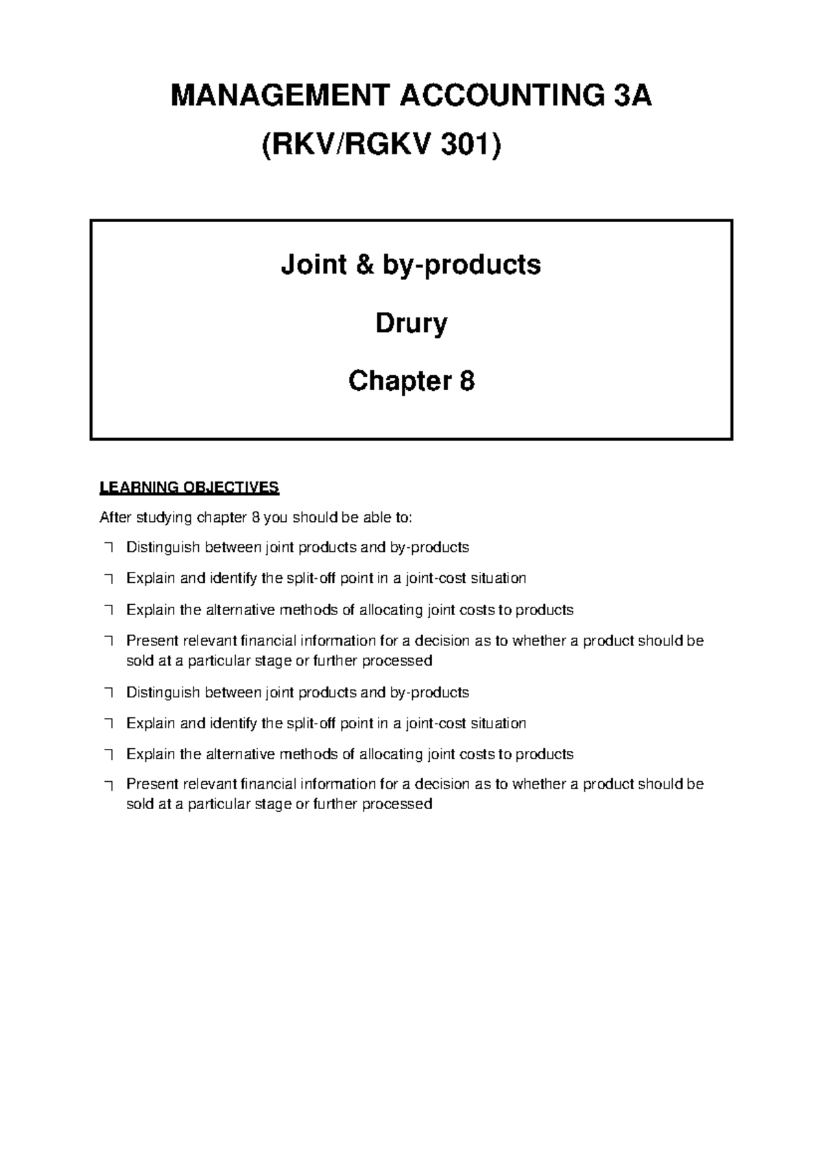 Joint and By-Product Costing: Management Accounting 3A 301 Chapter 8 ...