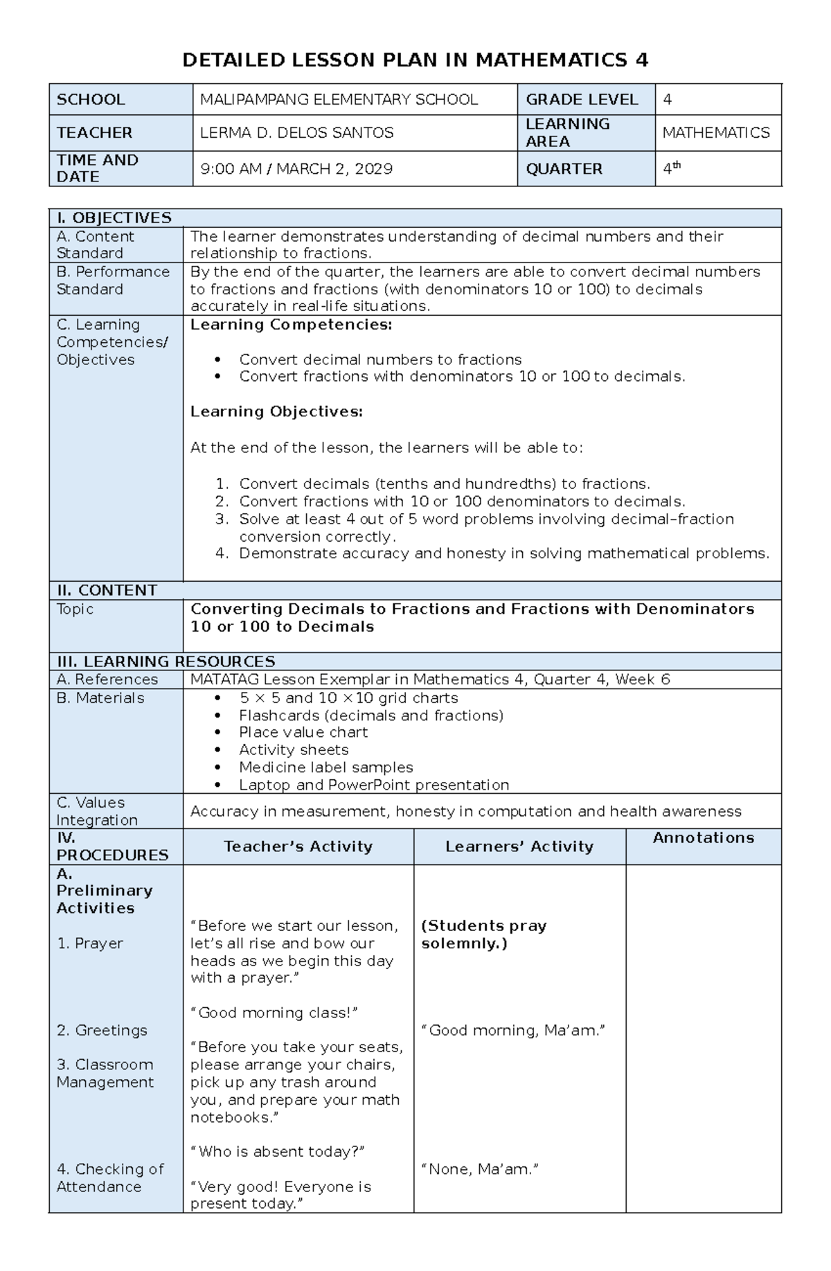 Detailed Lesson Plan in Math 4: Converting Decimals and Fractions - Studocu