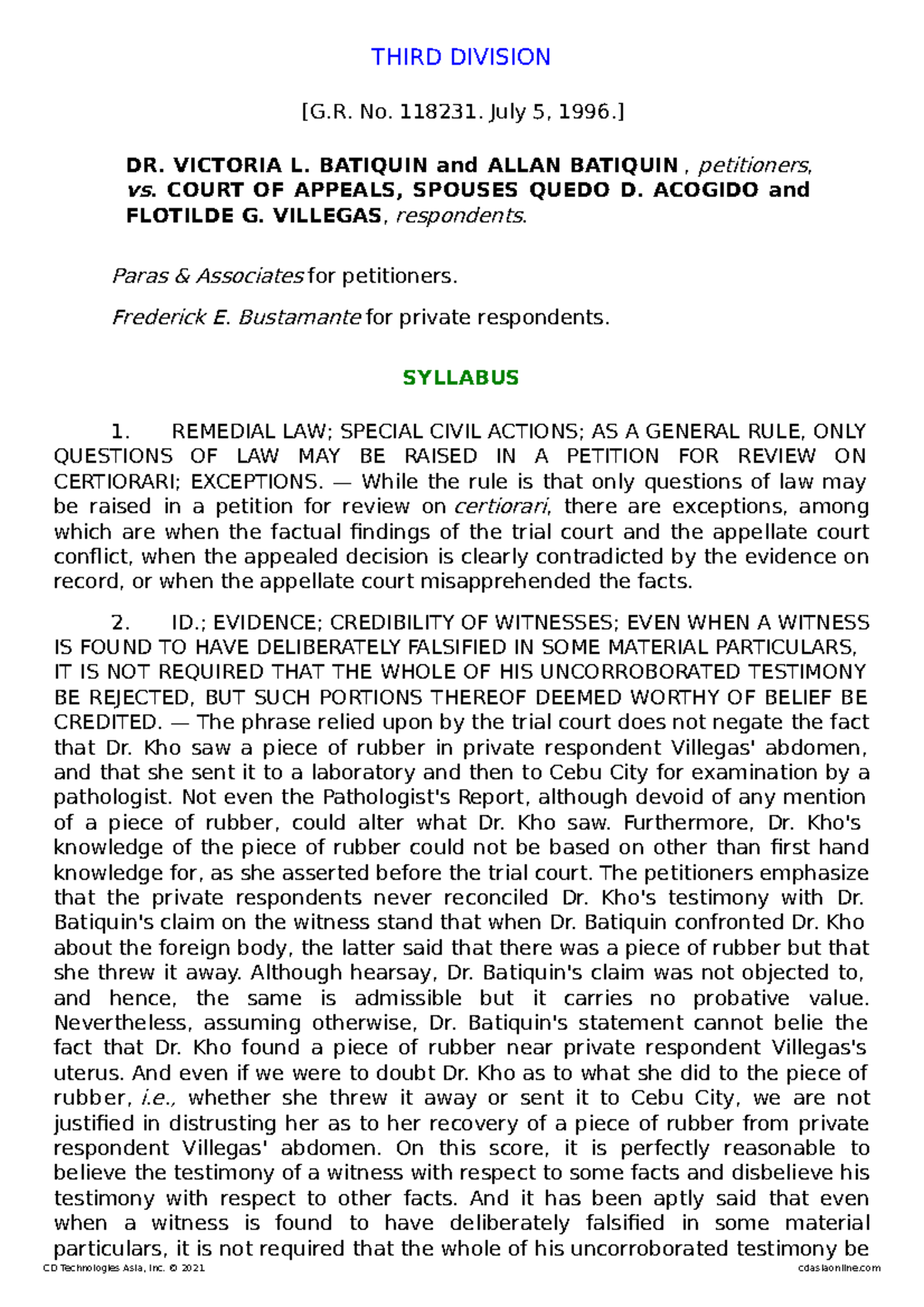 Batiquin v. CA: Case Digest on Medical Negligence Liability - Studocu