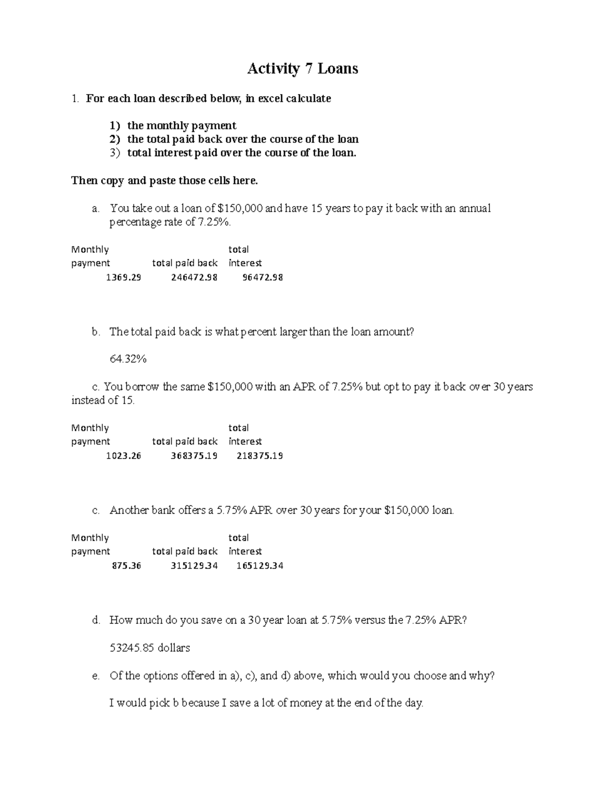 Activity 7: Loan Calculations and Comparisons for Financial Analysis ...