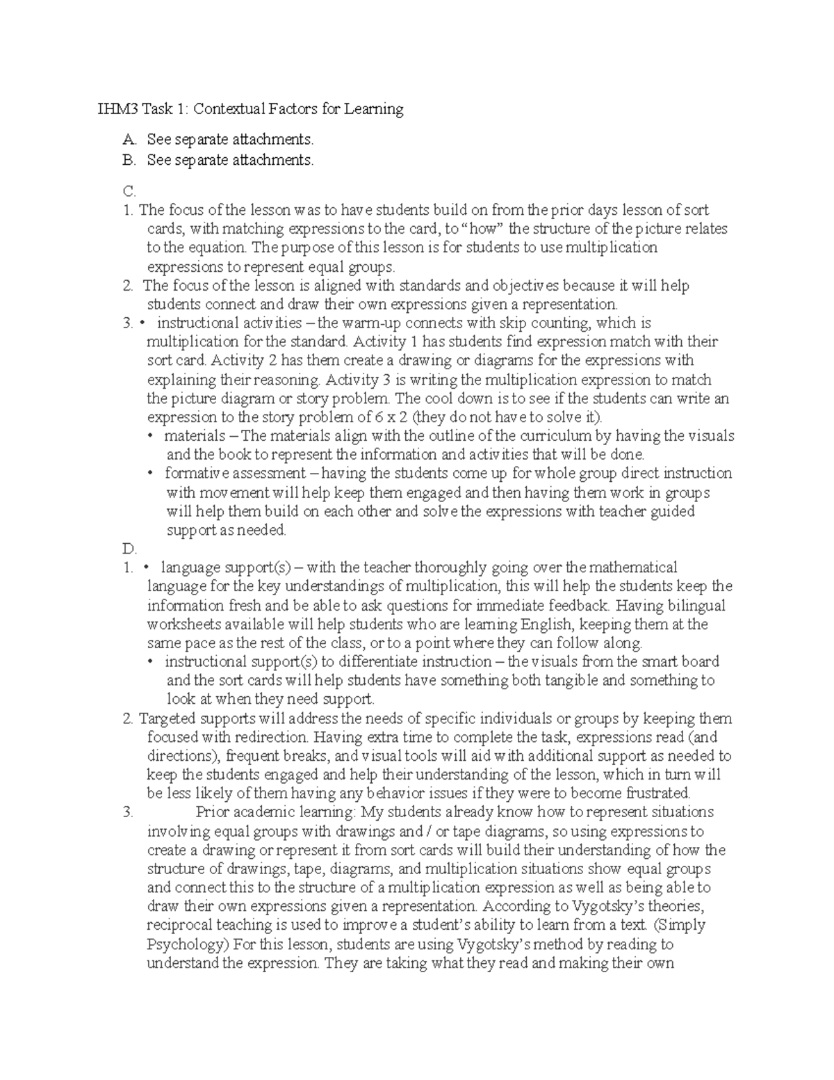 IHM3 Task 1: Contextual Factors in EdTPA Lesson Planning - Studocu