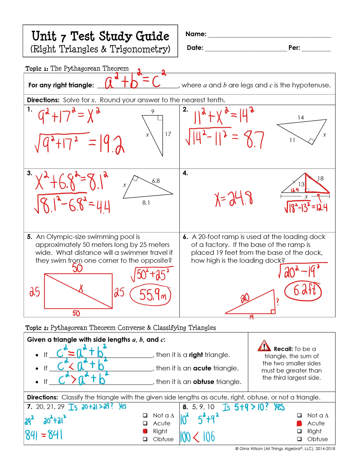 Right Triangle Trigonometry Review Solutions (Unit 7) - Studocu