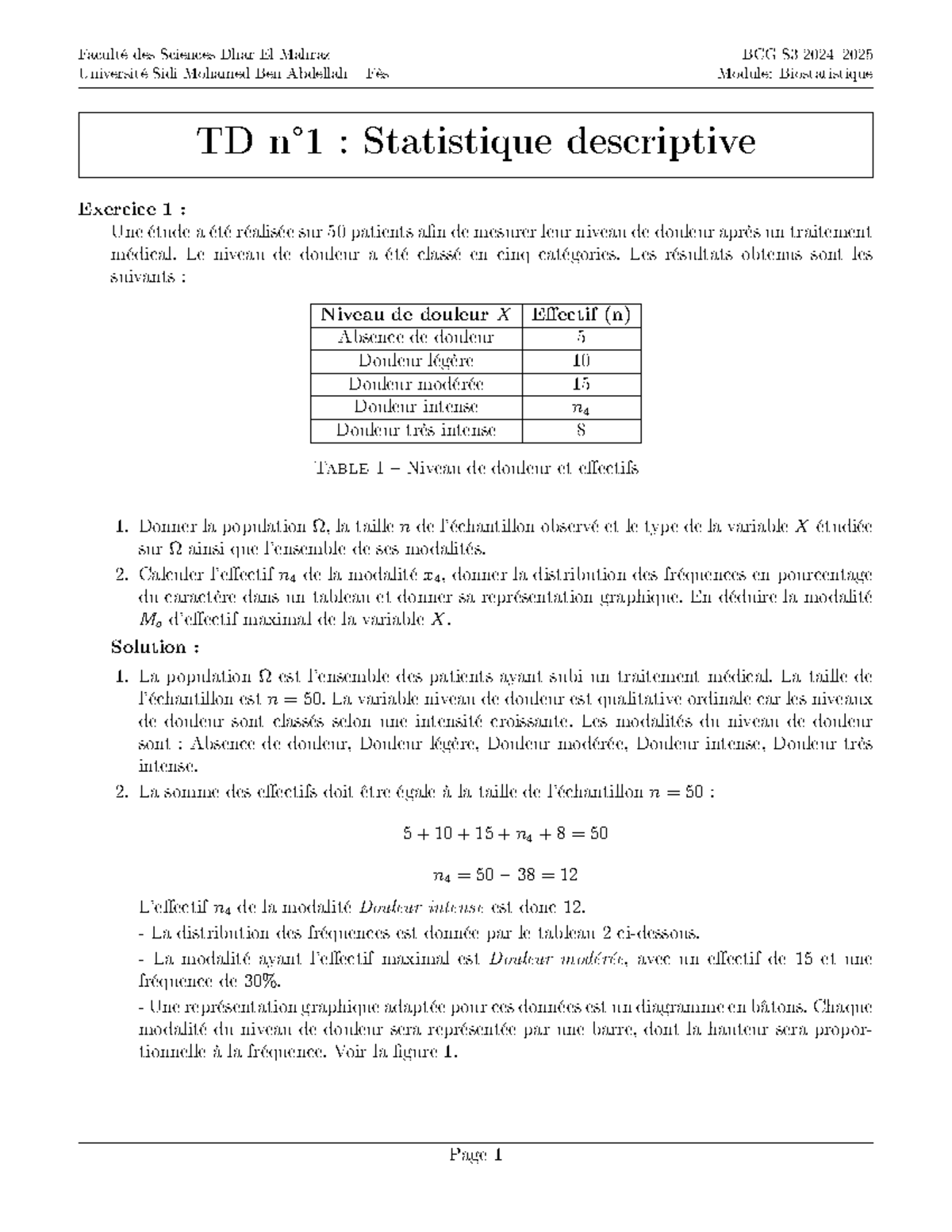 TD 1: Statistique Descriptive & Biostatistique - TD Corrigé - Studocu
