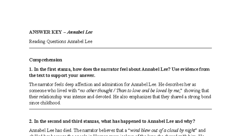 ANSWER KEY: Annabel Lee Comprehension Questions & Analysis - Studocu