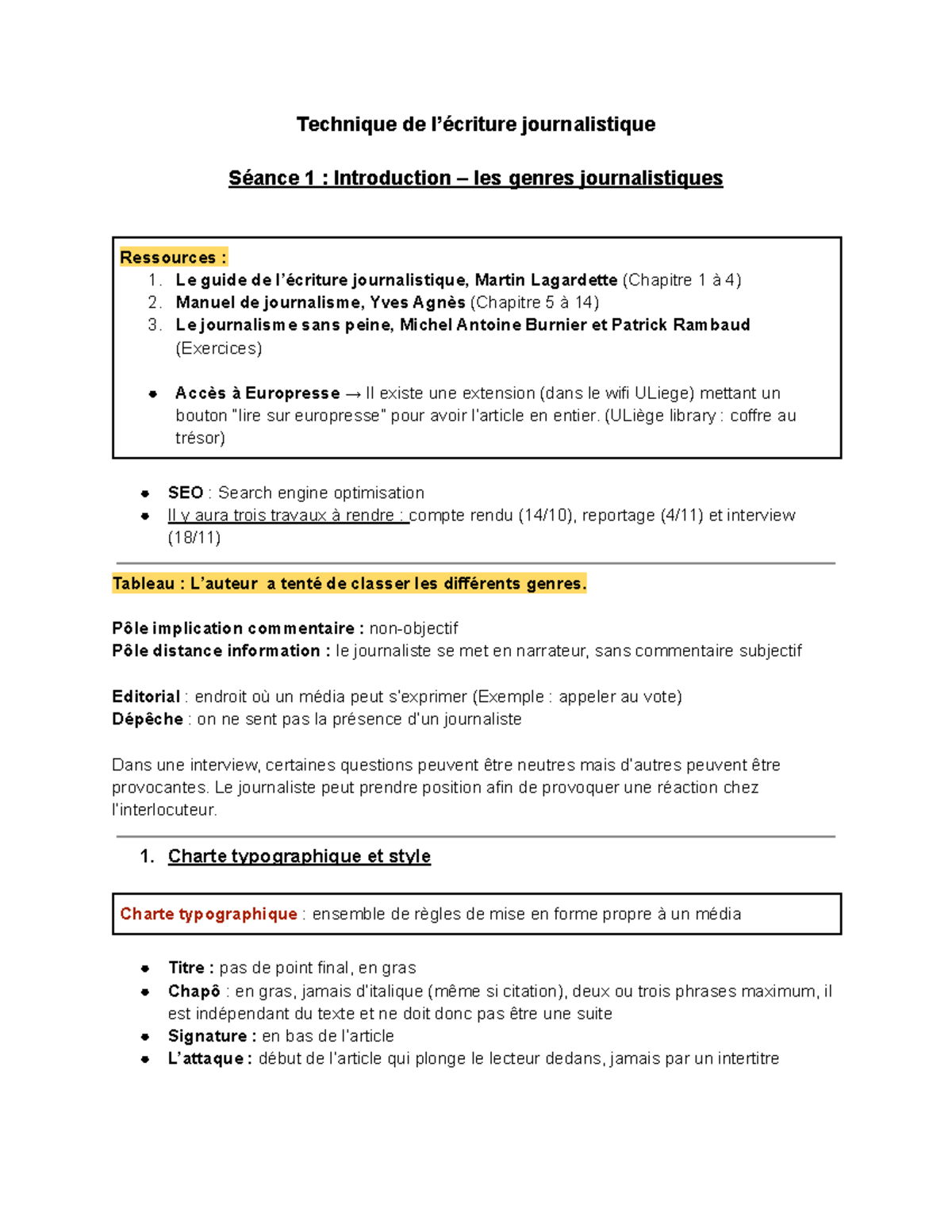 Ecriture Journalistique - Séances 1 et 2 : Introduction aux Genres ...