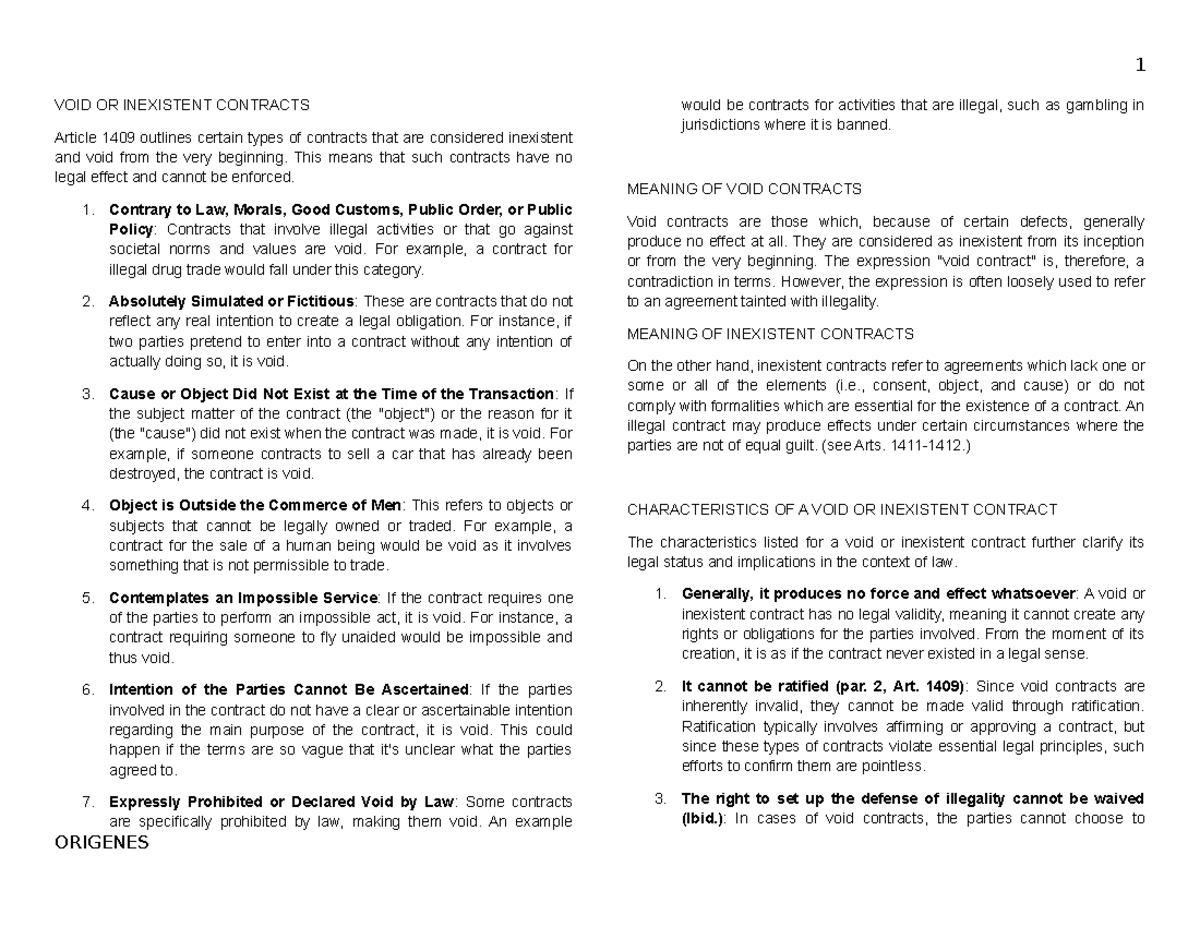 VOID AND INEXISTENT CONTRACTS: A Comprehensive Study Guide - Studocu