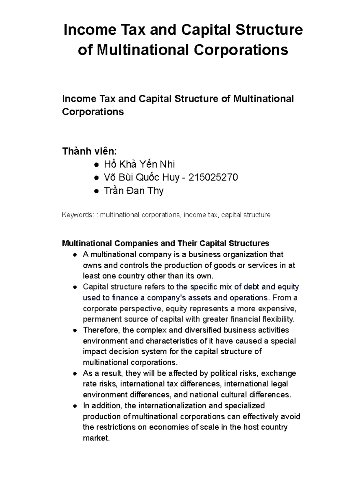 Income Tax and Capital Structure of Multinational Corporations TL ...