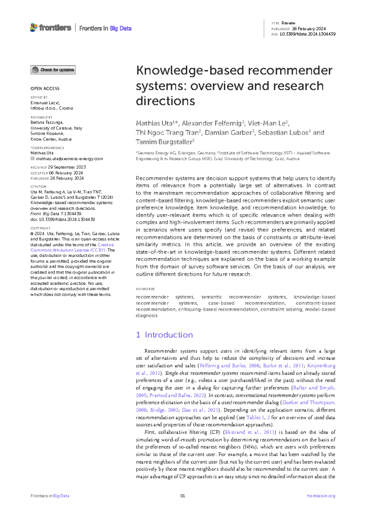 Knowledge-based recommender systems: overview and research directions ...