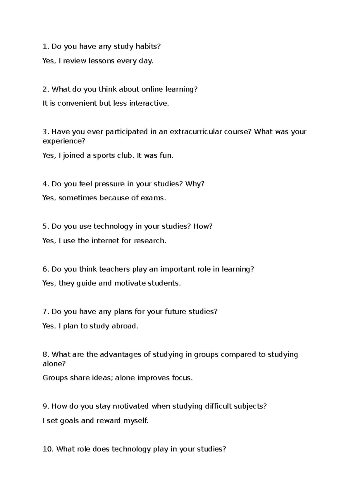MORE Questions on Study Habits and Learning - DSR - Studocu