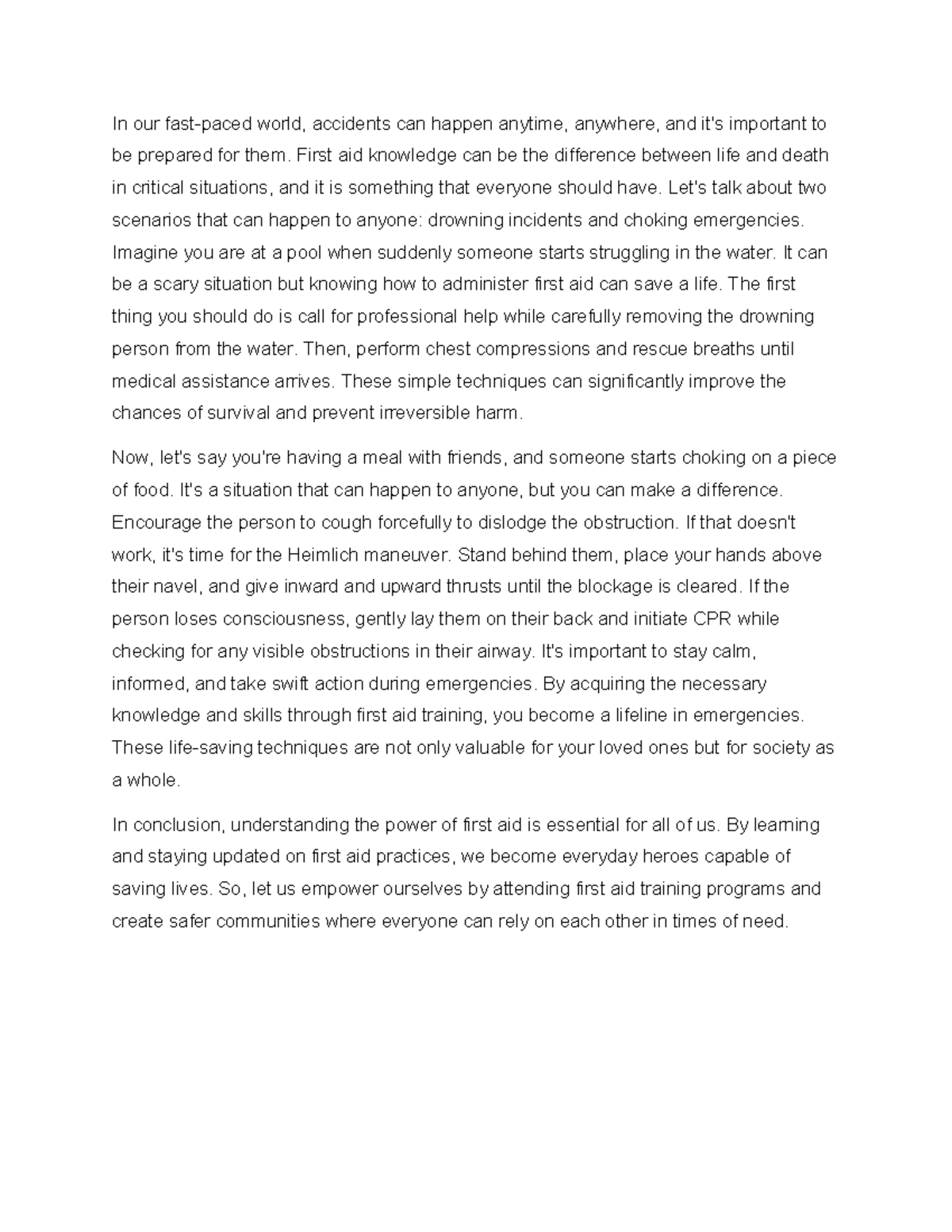 PE Reflection Paper: The Importance of First Aid Training - Studocu