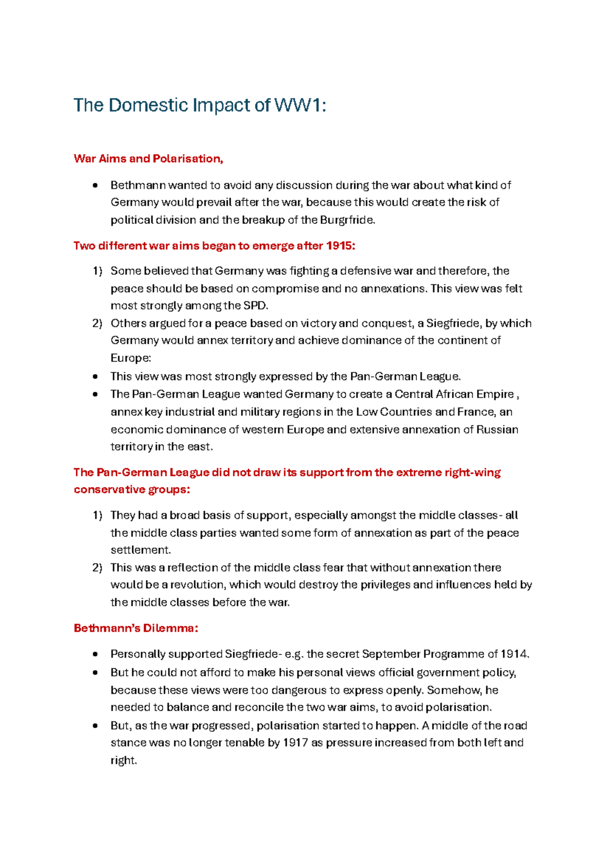 The Domestic Impact of WW1- War Aims and Polarisation - The Domestic ...