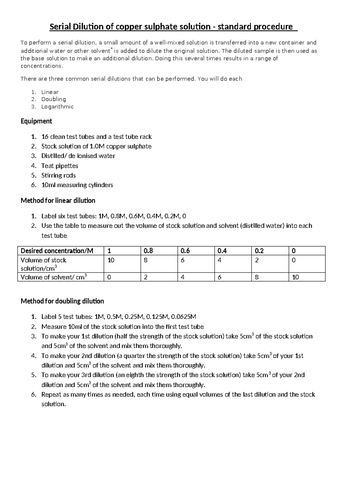 Serial Dilution Procedure for Copper Sulphate Solution - Studocu