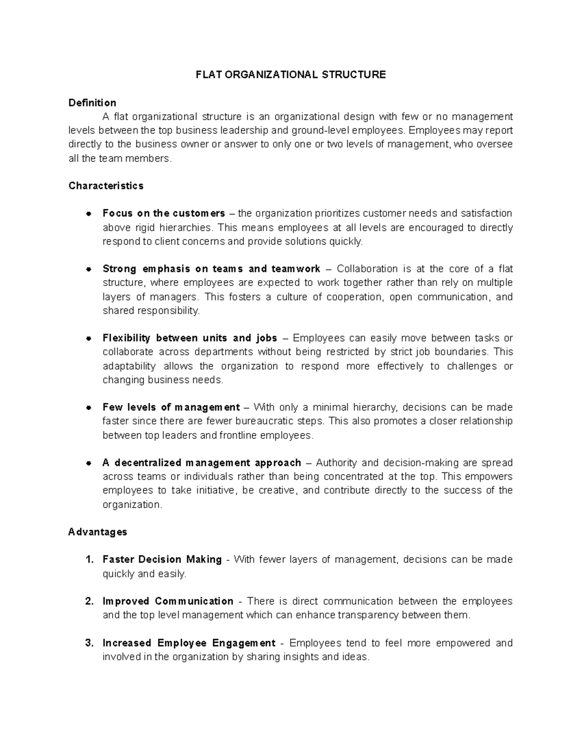 FLAT ORG STRUCTURE: Definition, Characteristics & Advantages - Studocu