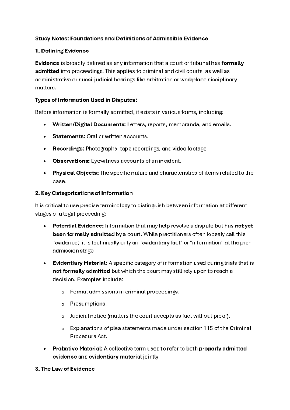 Law of Evidence: Foundations & Definitions of Admissible Evidence - Studocu