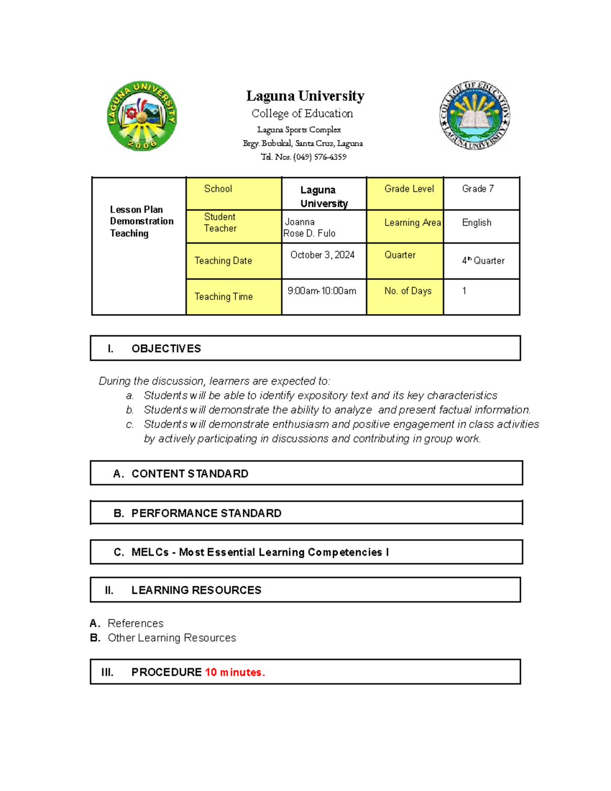 Grade 7 English Expository Lesson Plan (4th Quarter) - Studocu