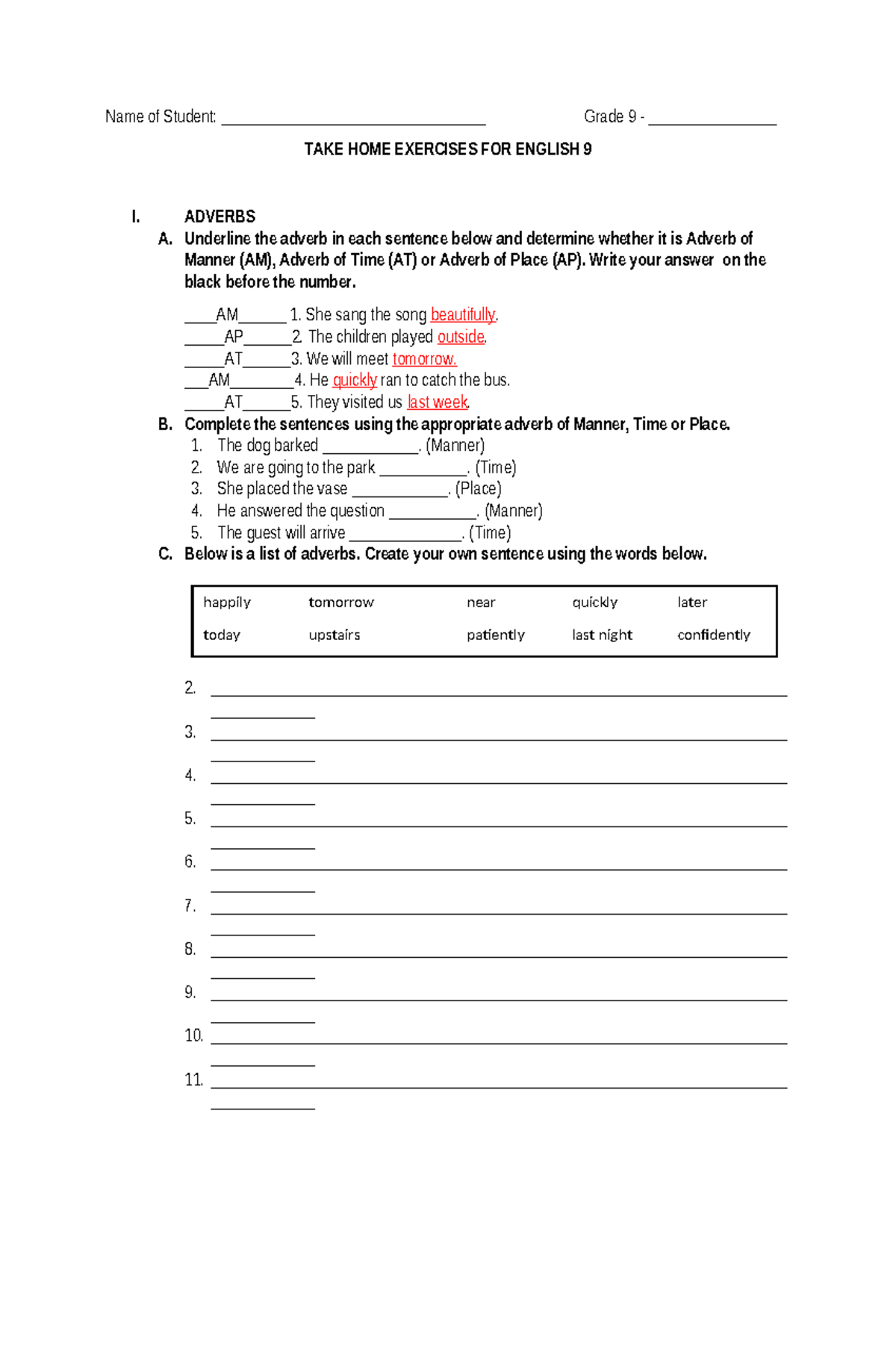 Grade 9 English 9 Take Home Exercises: Adverbs Practice Sheet - Studocu