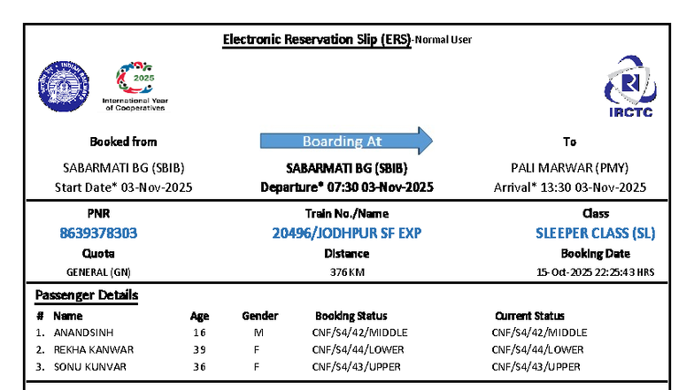 Electronic Reservation Slip for Train 8639378303 - SABARMATI to PALI ...