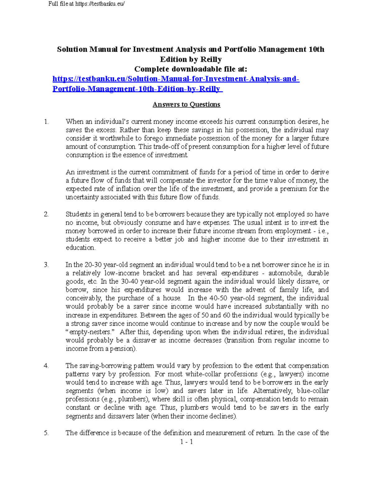 Solution Manual for Investment Analysis & Portfolio Management - 10th ...